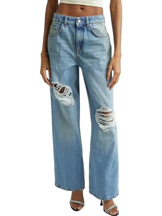 AREA Crystal Embellished Ripped Wide Leg Jeans - Medium Blue