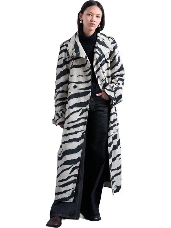 Topshop Printed Stand Collar Trench Coat - Black