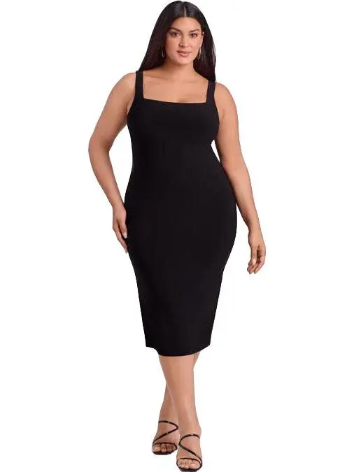 S3 APPAREL Sculpting Shapewear Square Neck Tank Midi Dress - Onyx Black