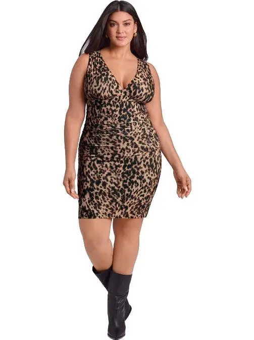 S3 APPAREL Sculpting Shapewear Shirred Waist V-neck Mini Dress - Dolce Leopard