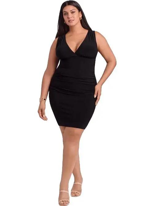 S3 APPAREL Sculpting Shapewear Shirred Waist V-neck Mini Dress - Onyx Black