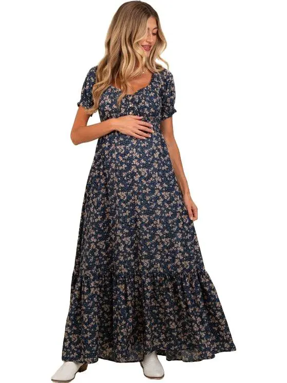PINKBLUSH Floral Button Accent Maternity Maxi Dress - Navy Blue