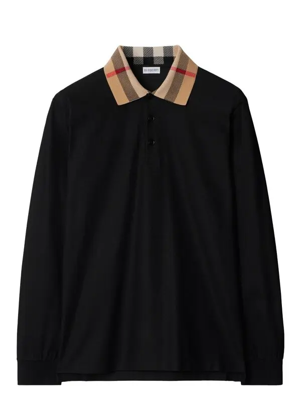 Burberry Check Collar Cotton Polo Shirt - Black