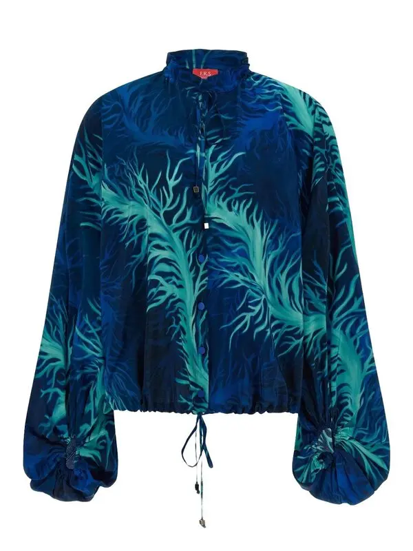 F.R.S FOR RESTLESS SLEEPERS Printed Silk Blouse With Ruffle Collar - Blue