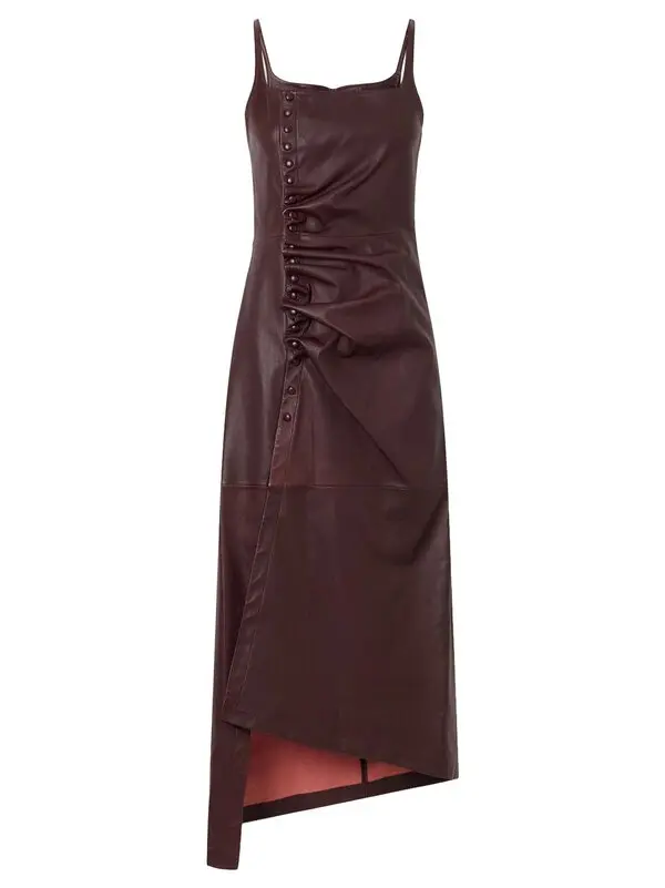 Rabanne Asymmetric Ruched Leather Midi Dress - Brown