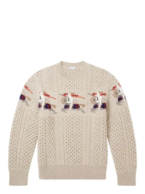 Burberry Logo-intarsia Cable-knit Wool And Cashmere-blend Sweater - Beige