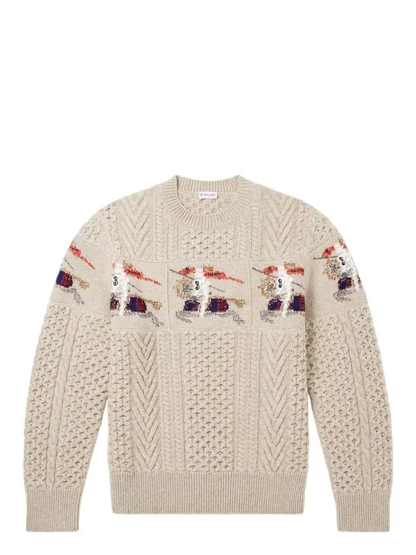 Burberry Logo-intarsia Cable-knit Wool And Cashmere-blend Sweater - Neutrals