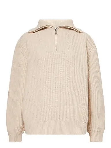 ANINE BING Sammy Half-zip Wool And Cotton-blend Jumper - Beige