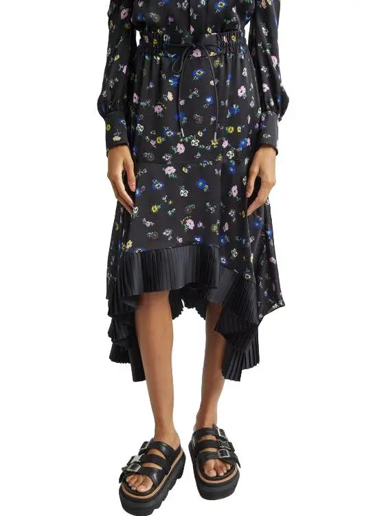 Sacai Floral Print Pleated Skirt - Black