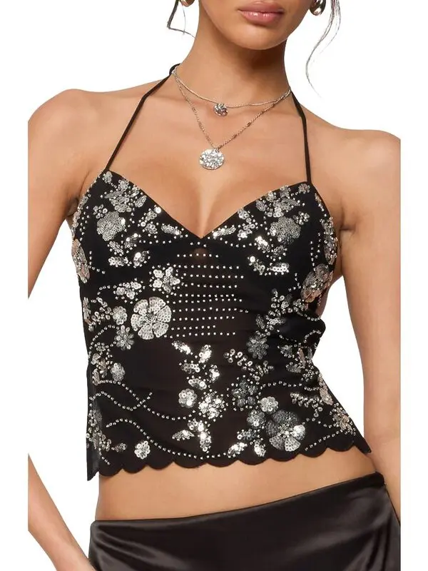 EDIKTED Sequin Beaded Halter Top - Black