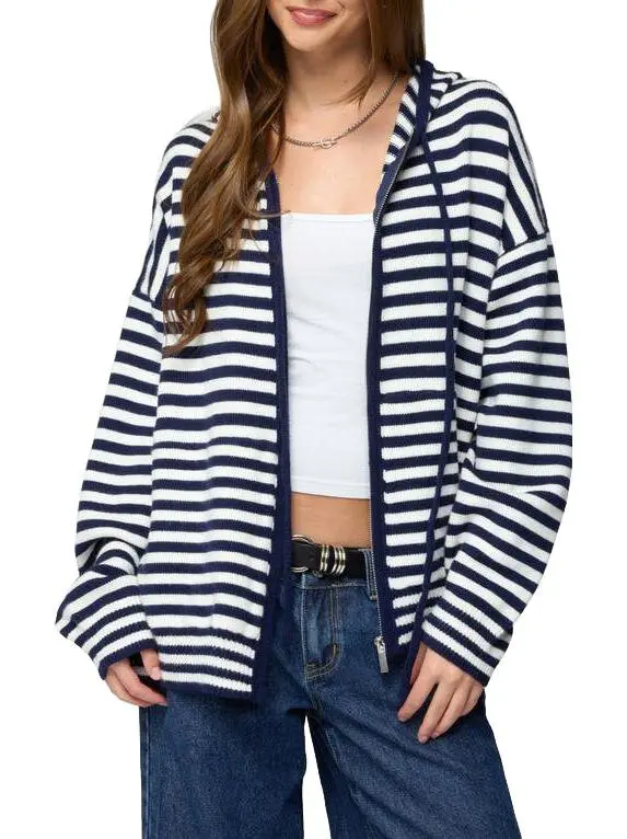 EDIKTED Striped Knit Zip-up Hoodie - Navy-and-white