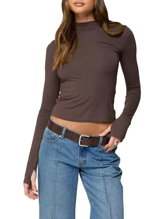 EDIKTED Crop Long Sleeve Mock Neck Top - Brown