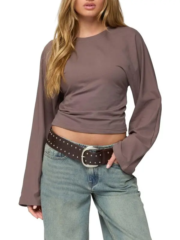 EDIKTED Ruched Long-sleeve Crop Top - Taupe
