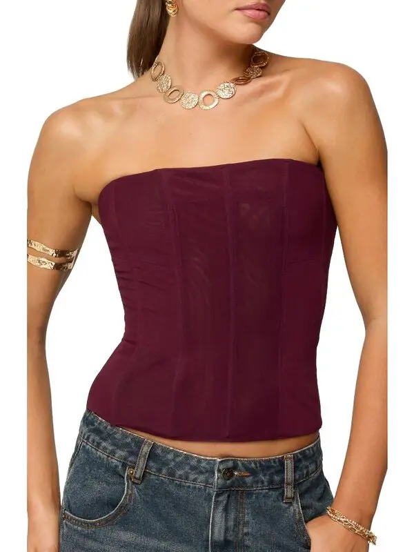 EDIKTED Strapless Mesh Corset Top - Wine