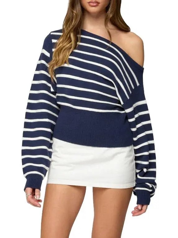 EDIKTED Striped Oversized Off-the-shoulder Sweater - Navy