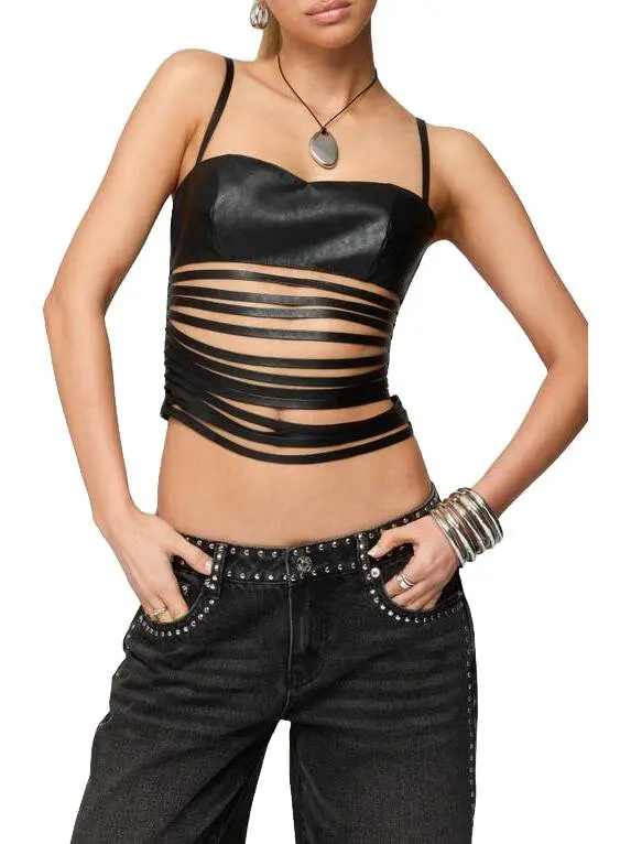 EDIKTED Faux Leather Shredded Bustier Top - Black