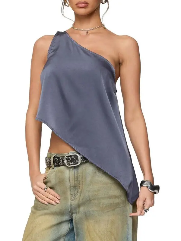 EDIKTED Asymmetric Satin One-shoulder Top - Dark-gray