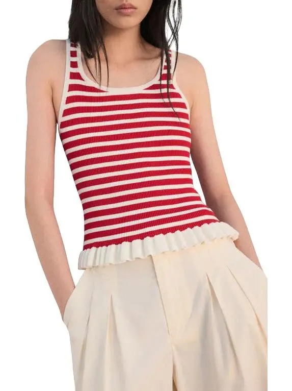 Mango Stripe Pleat Hem Rib Tank - Red