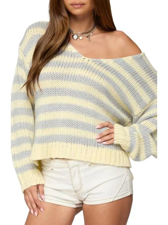 EDIKTED Striped Oversized Off-the-shoulder Sweater - Yellow