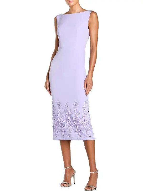 Mac Duggal Crepe Sleeveless Midi Sheath Dress With Floral Beading - Lilac