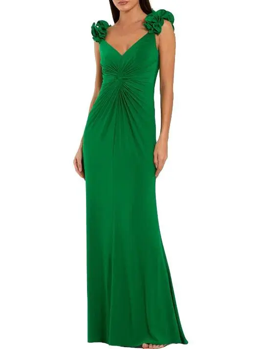 Mac Duggal Jersey V-neck Gown With 3d Flower Straps - Spring Green