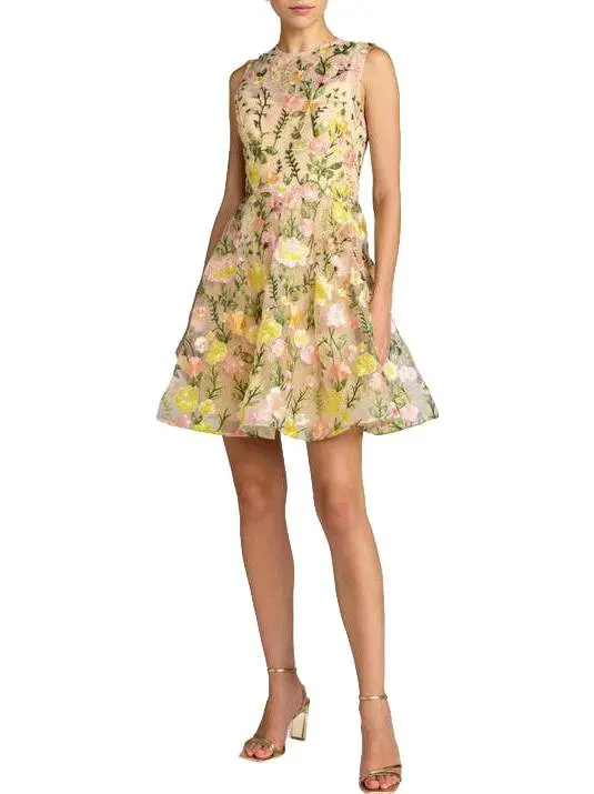 Mac Duggal Sleeveless Embroidered Lace Mini Dress - Yellow Multi
