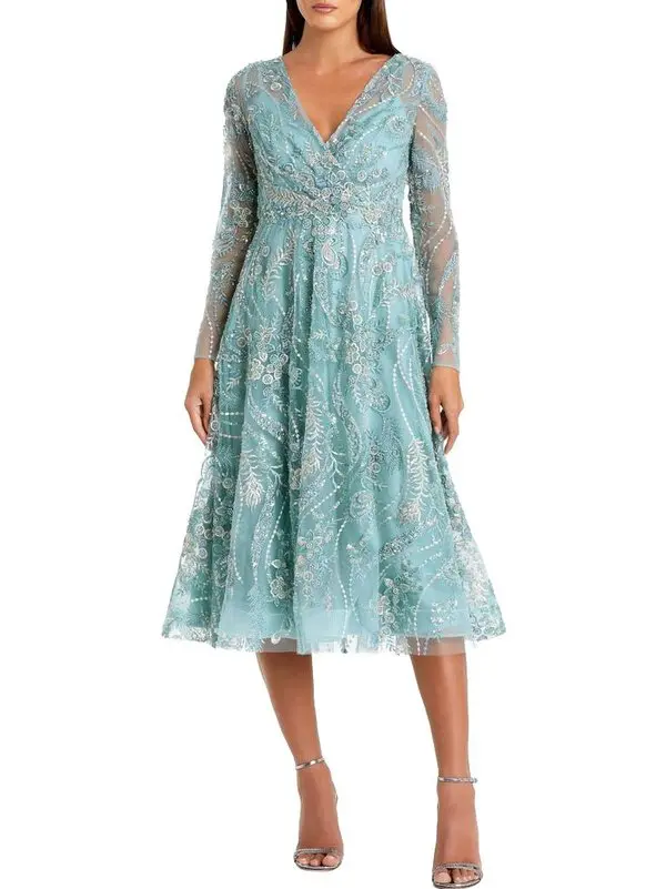 Mac Duggal Floral Embroidered V-neck Midi Dress - Seafoam
