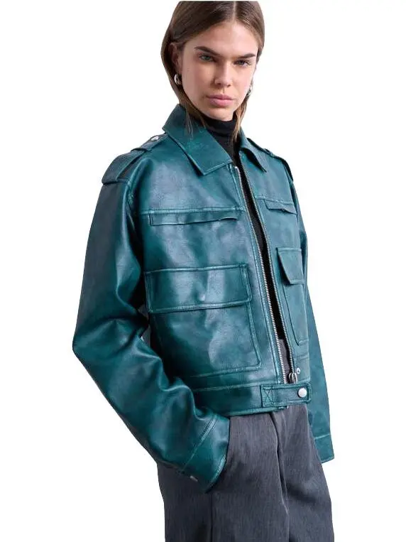 Topshop Washed Faux Leather Zip Jacket - Turquoise