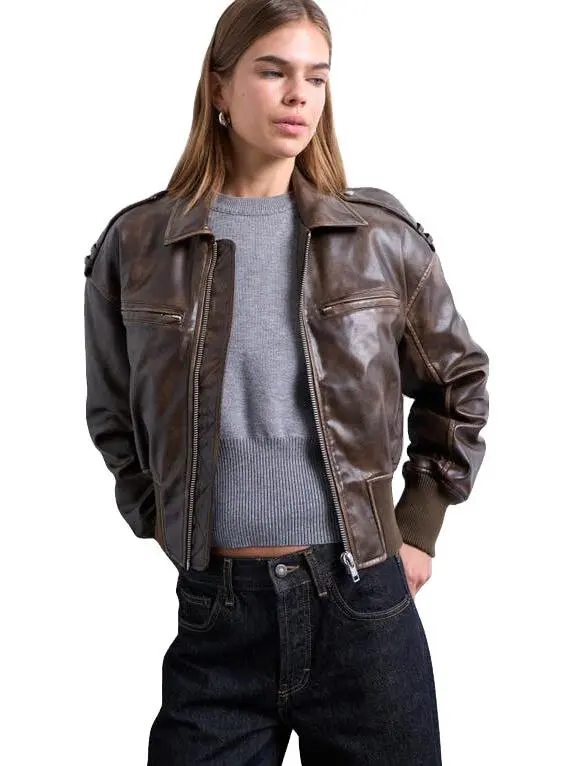 Topshop Faux Leather Ovoid Sleeve Bomber Jacket - Brown