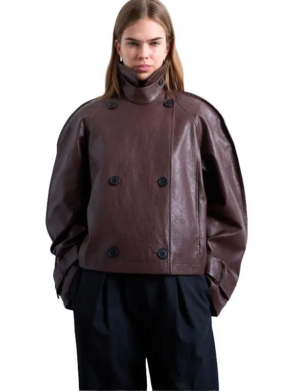 Topshop Ovoid Sleeve Short Faux Leather Trench Coat - Brown
