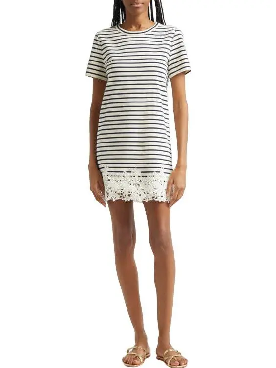 Veronica Beard Rhue Embroidered Hem T-shirt Dress - Dove Navy Stripe
