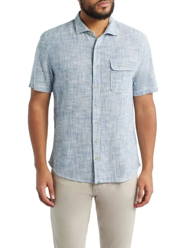 Johnnie-o Ennis Hangin' Out Stripe Short Sleeve Stretch Cotton Button-up Shirt - Indigo