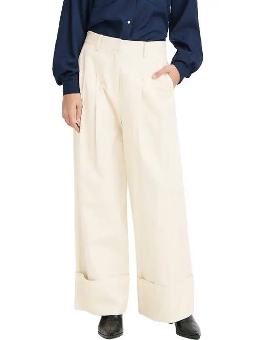 ICHI High Waist Wide Leg Cuff Pants - Almond Milk