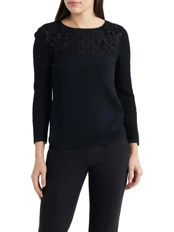 Anne Klein Floral Appliqué Yoke Sweater - Anne Black