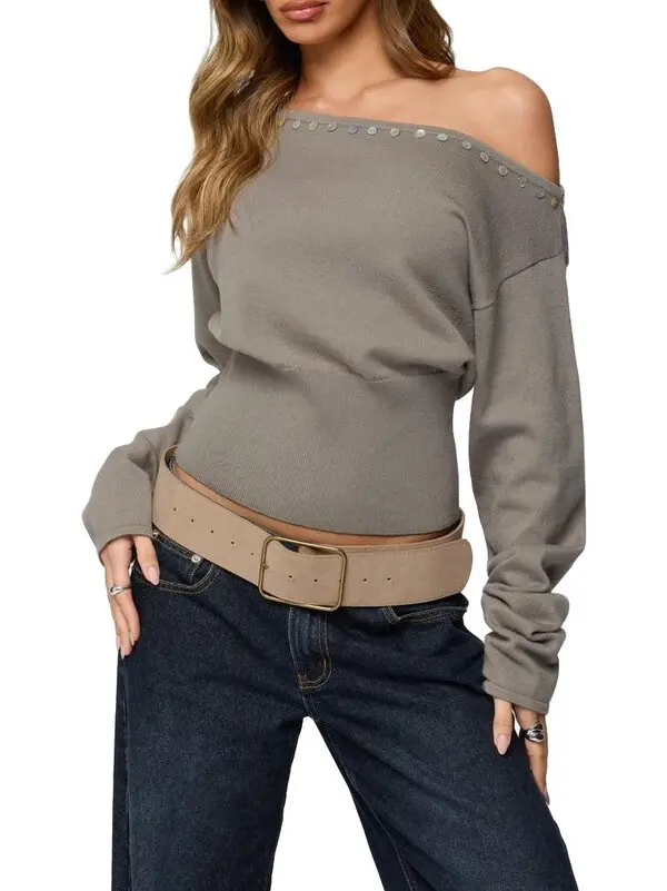 EDIKTED Off-the-shoulder Sweater With Iridescent Buttons - Olive