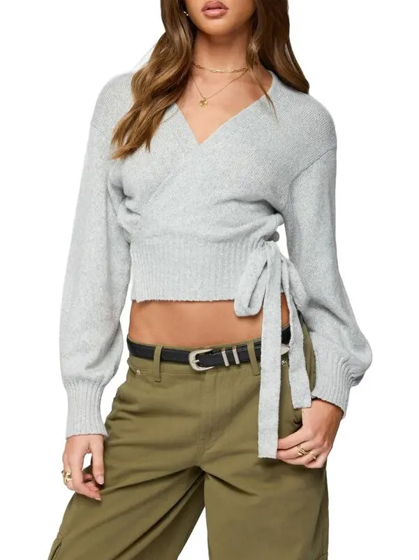 EDIKTED Stella Crop Faux-wrap Sweater - Gray-melange