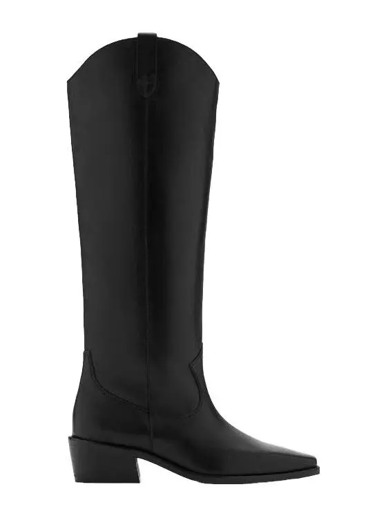 Mango Tall Leather Boots - Black
