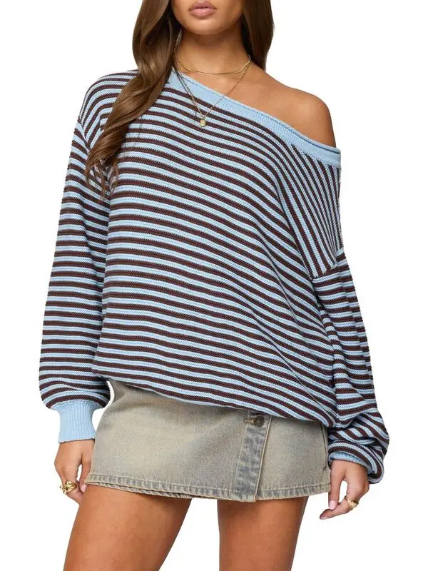 EDIKTED Averi Stripe Cotton Sweater - Light-blue