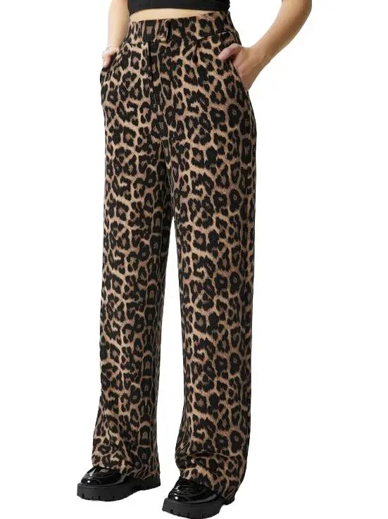 PROLOGUE SHOES High-waist Wide Leg Stretch Palazzo Trousers - Leopard