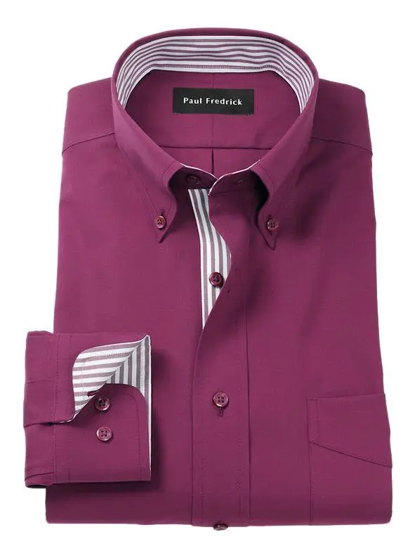 PAUL FREDRICK Slim Fit Non Iron Pinpoint Oxford Weave Dress Shirt With Trim - Burgundy