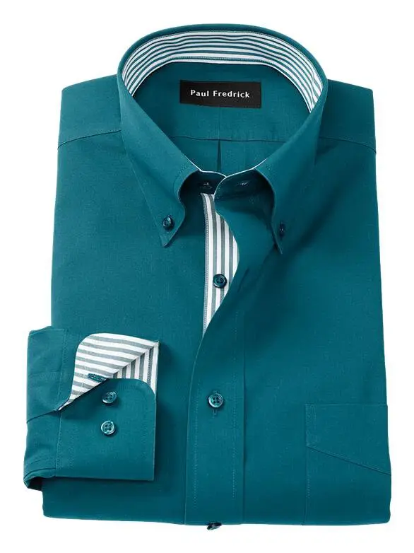 PAUL FREDRICK Slim Fit Non Iron Pinpoint Oxford Weave Dress Shirt With Trim - Dark Teal