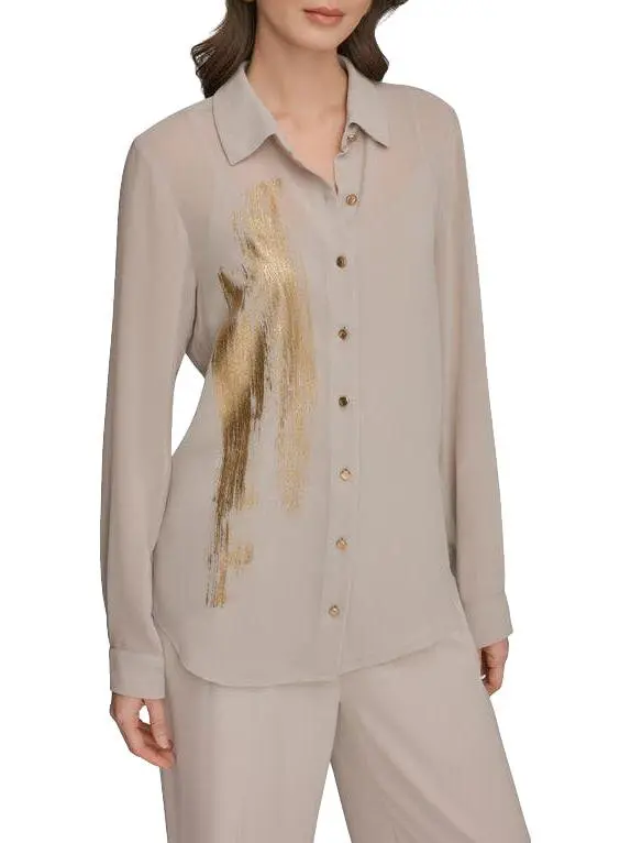 Donna Karan New York Metallic Foil Georgette Button-up Shirt - Turin/champagne Gold