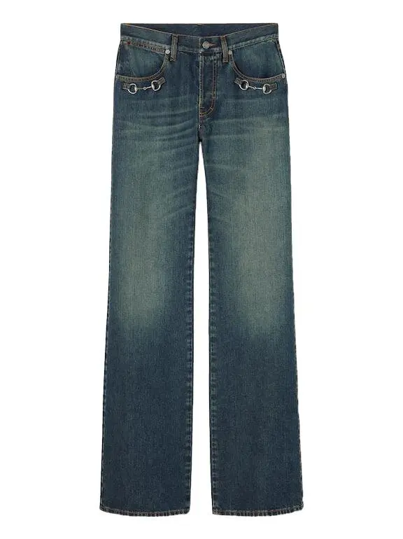 Gucci Cotton Denim Pants With Horsebit Detail - Blue