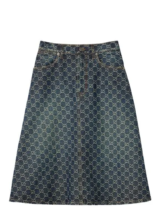 Gucci Gg Cotton Denim Jacquard Skirt - Blue