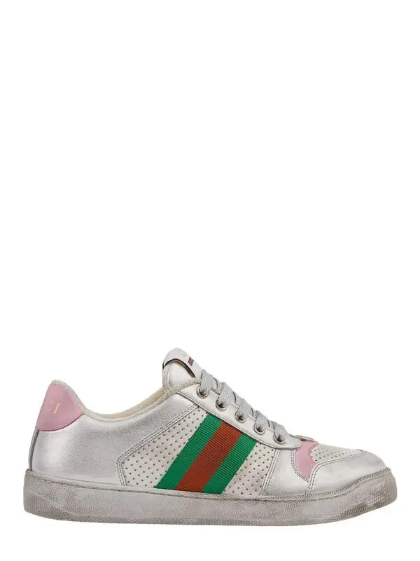 Gucci Screener Metallic Leather Sneakers With Worn-out Effect - Silver