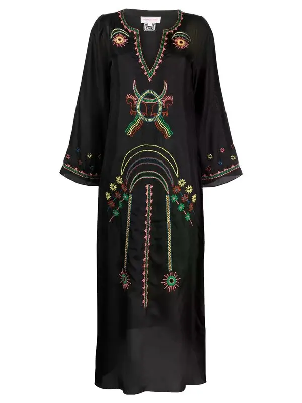 Muzungu Sisters Embroidered Split-neck Silk Dress - Black