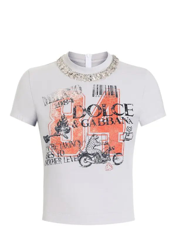 Dolce & Gabbana Jersey T-shirt With Print And Crystals - Grey