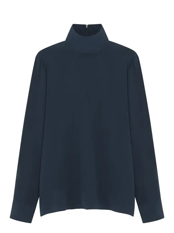 GWYN Silk Turtleneck Blouse - Navy