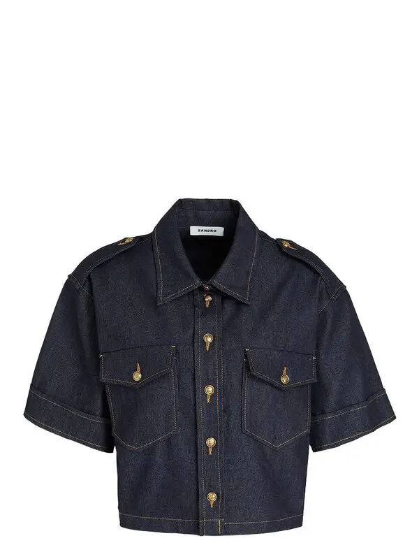 Sandro Cropped Denim Shirt - Dark Denim