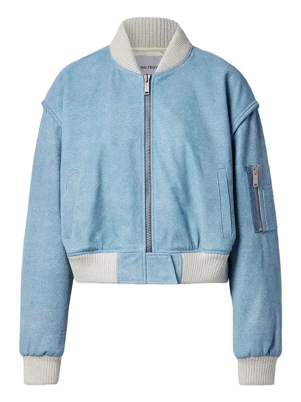HALFBOY Printed Suede Bomber Jacket - Light Blue